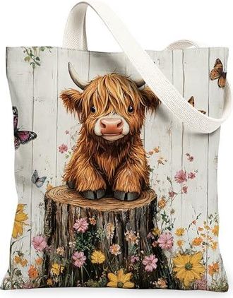 Generic Sac fourre-tout en toile de vache des Highlands printani&egrave;res pour faire du shopping, 33 x 38,1 cm, sac d&eacute;picerie r&eacute;utilisable pour femme, motif animal