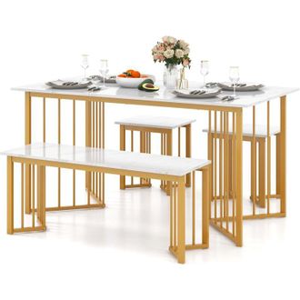 Costway Costway - Ensemble Table et Chaise Salle a Manger, 1 Banc, 2 Tabourets, Table de Cuisine 4 Personnes, Effet Marbre, Table Cuisine Petit Espace en
