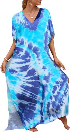 Bsubseach Lose Kaftan Kleider f&uuml;r Frauen Kurzarm Badeanzug Cover Up Casual Urlaub Outfits Bunt Blau Tie Dye