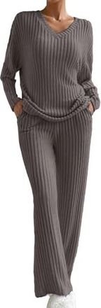 Generic Ensemble de v&ecirc;tements de d&eacute;tente pour femme en tricot c&ocirc;tel&eacute; doux et c&ocirc;tel&eacute; - Ensemble pyjama dhiver &eacute;l&eacute;gant - Couleur unie - Combinaison 2 pi&egrave;ces - C