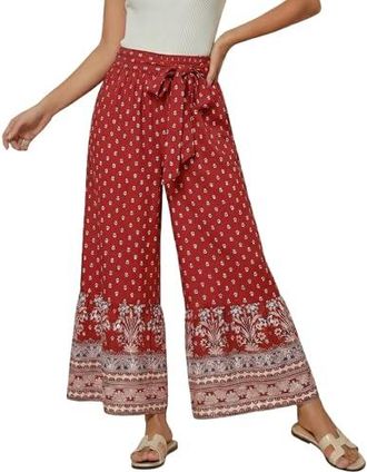 Generic Robe boh&egrave;me 2026 pour femme - Imprim&eacute; floral boh&egrave;me - Pantalon palazzo &agrave; jambe large - Taille &eacute;lastique - Ceinture &agrave; nouer - Pantalon d&eacute;t&eacute; d&eacute;contract&eacute;