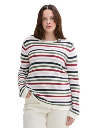 Tom Tailor Damen Plussize Strickpullover aus Bio-Baumwolle, 36570 - Red Green Knit Stripe Design, 44