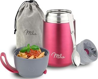 Milu Bo&icirc;tes Alimentaires Isothermes 450ml I 650ml I 800ml, Bo&icirc;te Isotherme Repas Chaud Porte-Aliments en Acier Inoxydable &agrave; Double Couche, Cuill&egrave;re Pliante