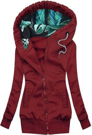 Generic 2026 Vestes pour femmes Automne Hiver Imprim&eacute; floral Veste &agrave; capuche Coupe ajust&eacute;e Poches Fermeture &eacute;clair, bordeaux, L