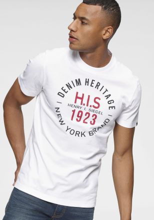 H.I.S Rundhalsshirt H.I.S, Herren, Gr. 4XL (68/70), wei&szlig;, Single Jersey, Obermaterial: 100% Baumwolle, bedruckt, schmal, Rundhals, Shirts Rundhalsshirt, Kur