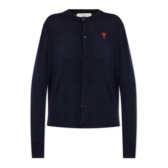 Ami Femme, Pulls, Bleu, Taille: 40 FR Gilet en Laine avec Logo