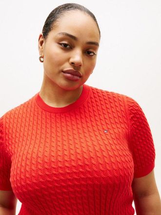Tommy Hilfiger Rundhalspullover CRV CO CABLE FINE GG CNK S/S SWT in gro&szlig;en Gr&ouml;&szlig;en, mit Zopfmuster