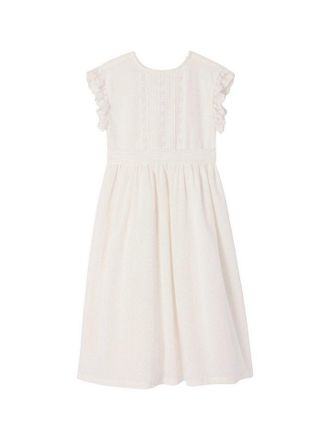 Vertbaudet Maxikleid Festliches langes Kleid mit Bindeg&uuml;rtel, Kommunion Baumwoll-Leinen-Mix, Stickerei