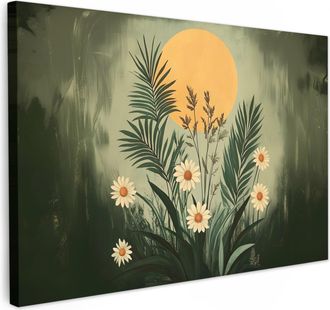MuchoWow © Leinwand 90x60 cm Deko Schlafzimmer Aesthetic Leinwandbilder Wohnzimmer Gemälde Foto Geschenk Living Room Decoration Blumen - Blätter - Sonne - Grün