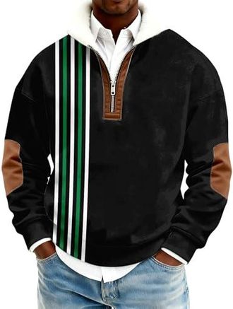 Generic Sweat-shirt &agrave; manches longues pour homme &agrave; rayures avec col montant et demi-fermeture &eacute;clair - Pull classique l&eacute;ger - Chemises amples et douces - Cost