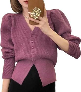 Generic Cardigan dhiver &eacute;l&eacute;gant pour femme avec col en V et col en V, Violet, taille unique