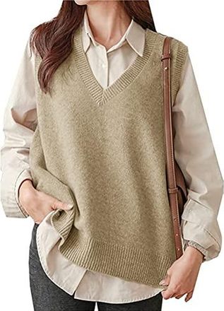 Minetom Pull sans Manche Col V Femme Gilet en Tricot Automne Hiver Débardeurs Chandail Bureau Pullover Hauts A Beige XL