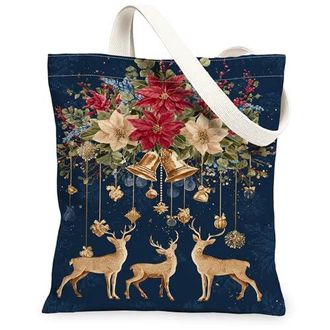 Generic Sacs fourre-tout en toile motif cerf de No&euml;l, &eacute;l&eacute;gants sacs d&eacute;picerie r&eacute;utilisables, rustiques, l&eacute;gers et lavables en toile, bleu marine, 13x15 Inch