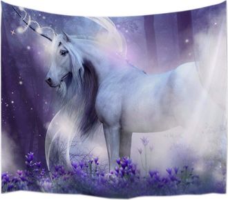 A.Monamour Wanddekor Wandbild Vorhang Wandteppiche Fantasie Märchen Mystische Einhorn In Verzaubert Lila Lavendel Garten Drucken Stoff Wandbehang Für Kinder Schl