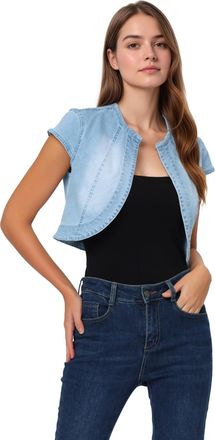 Allegra K Damen Kurz Jeansjacke Bolero Kurzarm Fl&uuml;gel&auml;rmeln Elegant Crop Denim Jacke Hellblau XS