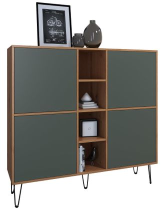 Vladon Highboard Havana V3, Kommode mit 4 Türen und 4 offene Fächer, Kommode Made in Germany, Eiche Evoke/Fjord Grün (130,5 x 124 x 35 cm)