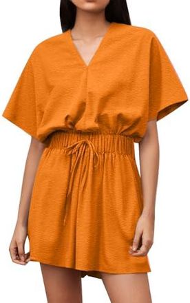 Generic Combinaison d&eacute;t&eacute; pour femme avec col en V et manches courtes - Taille smock&eacute;e - Jambe droite - Combinaison d&eacute;t&eacute; - Grenouill&egrave;re - Tenue de vacances de 