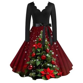 Generic Robes de Noël pour femmes, grande taille, robe de Noël 2025 plissée à manches longues pour bal de fin dannée, robe de cocktail Hepburn avec col en V, 