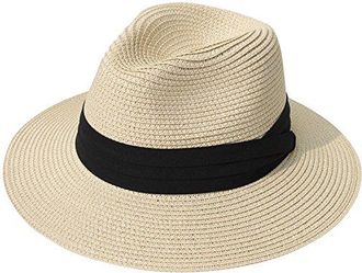 Dreshow Femme Homme Chapeau de Paille Panama Chapeau Été Large Bord Chapeau de Soleil Anti-UV pour Plage Voyage Fedora Chapeau de Soleil,Taille unique,Panama 
