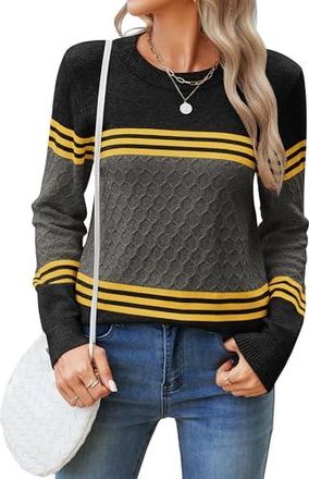 Zeagoo Pull en tricot pour femme - Col rond - Bloc de couleurs - Élégant - Manches longues - Hauts dhiver - S-XXL, gris foncé, XL