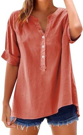 Generic Chemisier d&eacute;t&eacute; d&eacute;contract&eacute; &agrave; manches courtes et col en V pour femme, coupe ample, l&eacute;ger, facile dentretien, pour le quotidien, les voyages, Orange, 5X