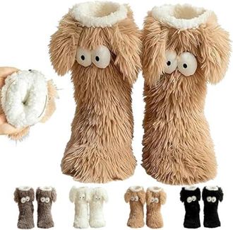 Generic Friends Cozy Socks,Womens Winter Warm Fuzzy Non-Slip Slipper Socks with Cute Big Eyes,Cute Floppy Big Ears Home Socks (Brown)