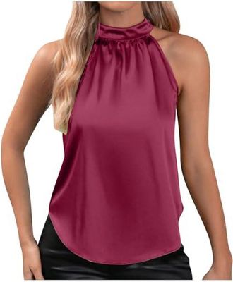 Generic Halterneck Top Satin Femme &Eacute;l&eacute;gant Grandes Tailles Mince Gilet Femme &Eacute;t&eacute; Sans Manches D&eacute;bardeur Ample T-shirts Sans Manches Camisole Tops A&eacute;r&eacute; D&eacute;barde