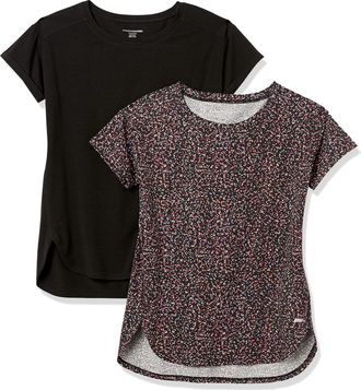 Amazon Essentials Damen Leichtes Fitness-T-Shirt mit Rundhalsausschnitt und lockerer Passform (in Übergröße erhältlich), 2er-Pack, Schwarz Konfettimuster, XXL