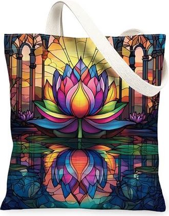 Generic Sac fourre-tout en toile avec fleur de lotus en verre teint&eacute; pour faire du shopping, 33 x 38,1 cm, sac d&eacute;picerie r&eacute;utilisable pour femme, peinture est