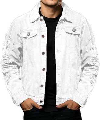 Generic Veste en jean pour homme avec trous d&eacute;chir&eacute;s, manches longues, boutonn&eacute;e, v&ecirc;tements dext&eacute;rieur d&eacute;contract&eacute;s, Veste en jean blanc pour homme, M