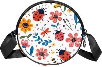 Generic Sac &agrave; bandouli&egrave;re rond pour femme, motif coccinelles, fleurs, petit sac &agrave; bandouli&egrave;re avec fermeture &eacute;clair, bretelles r&eacute;glables, sac &agrave; main rond d&eacute;co