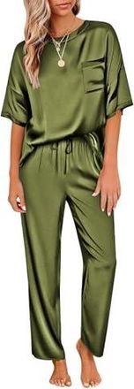 Ekouaer Pyjama Femme Manches Courtes Satin Vetement Ete Pantalon Femme Légère Ensemble Pyjama Col O Doux, Armée Verte, S