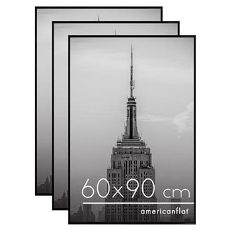 Americanflat 60x90 cm Bilderrahmen (3er Pack) - Schlanker 90x60 cm Posterrahmen mit Scheibe aus Plexi-Scheibe und Integrierter Aufhängung für Hoch- und Querformat 