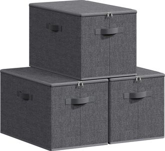 Songmics Aufbewahrungsbox mit Deckel, faltbare Stoffbox mit Griffen, Aufbewahrung f&uuml;r Kleidung, Vliesstoff, 3er Set, 50 x 30 x 30 cm, schiefergrau RZB050GN02