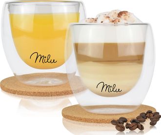 Milu Thermogl&auml;ser Set - 4 vers. Gr&ouml;&szlig;en - Doppelwandige Espresso Gl&auml;ser - Kaffeegl&auml;ser, Latte Macchiato, Cappuccino Glas - Isolierglas, sp&uuml;lmaschinenfest (2