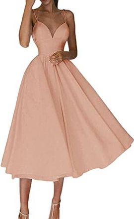 ORANDESIGNE Robes de Soirée Longue Femme été Maxi Robe à Bretelles Couleur Unie Col V sans Manches Chic Sexy Robe de Cocktail Swing Bal Mariage Mi-Longue Taille H