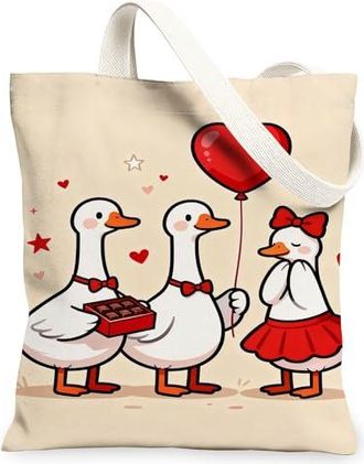 Generic Sacs fourre-tout en toile de canard mignons pour la Saint-Valentin, sacs d&eacute;picerie r&eacute;utilisables, l&eacute;gers et lavables, beige, 13x15 Inch