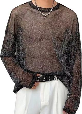 Feoya Gilet Transparent Homme Debardeur Maille Sexy Fishnet Déguisement Disco Chemises Brillant