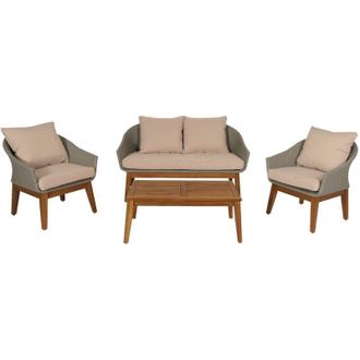 Hhg Gartengarnitur 222, Garten-/Lounge-Set Sofa Sitzgruppe, Poly-Rattan Holz Akazie grau, Kissen beige