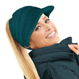 TOSKATOK Damen Slouchy Peaked Pferdeschwanz Unordentlicher Dutt Beanie M&uuml;tze Kappe, blaugr&uuml;n, Einheitsgr&ouml;&szlig;e