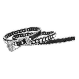 Generic Ceinture en cuir PU avec boucle en métal pour femme Imprimé strass, Noir, 105x1.6CM