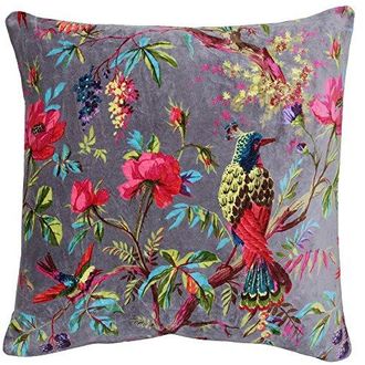 Riva Paoletti Riva Paradise Place Coussin - Vison Violet - Oiseau Color&eacute; Imprimer - Faux Velours Tissu - Lavable Machine - 100% Coton - 50 X 50 Cm (20 X 20 Pouces) 