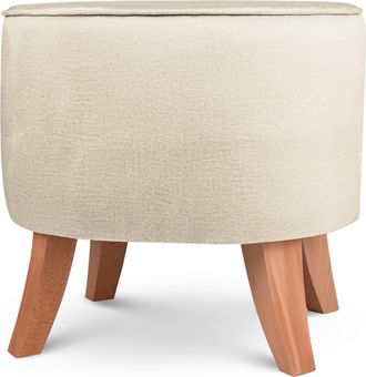 MG Design Ovaler Samt-Hocker 42 x 52 cm in Beige mit Holzbeinen - Gepolsterter Fu&szlig;hocker f&uuml;r Wohnzimmer oder Schlafzimmer