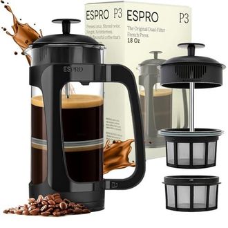Espro P3 French Press - Cafeti&egrave;re et th&eacute; avec Double Micro-Filtre, Infusion sans Grains et sans amer, Cadre en Acier Inoxydable Robuste (Noir, 18 onces)