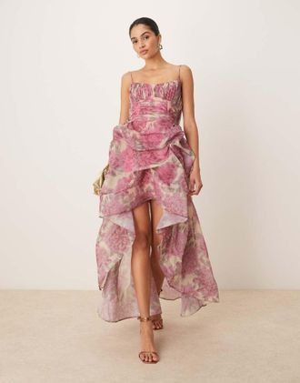 Asos Maxikleid aus Organza in Rosa mit drapiertem Rock, nach hinten abfallendem Saum und Blumenmuster-Bunt