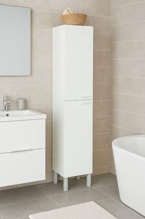 Dmora S&auml;ulenschrank Hollywood, Badezimmerschrank mit 2 T&uuml;ren, Wandschrank mit 2 Regalen, 30x25h182 cm, gl&auml;nzend wei&szlig;