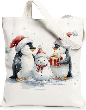 Generic Sacs fourre-tout en toile avec motif pingouin de No&euml;l, motif bonhomme de neige, sacs d&eacute;picerie r&eacute;utilisables, l&eacute;gers et lavables pour lhiver, 33 x 38,