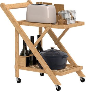 HOMCOM Desserte de cuisine pliable en bambou 2 plateaux, 4 roues, 3 casiers &agrave; vin