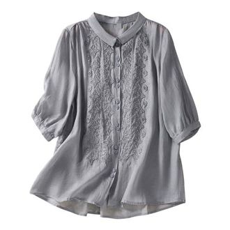Generic Chemise d&eacute;t&eacute; en lin pour femme avec boutons brod&eacute;s &agrave; manches 3/4, style r&eacute;tro, boh&egrave;me, ethnique, paysanne, gris, XXL