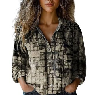 Generico Chemise Femme d&Eacute;t&eacute; D&eacute;contract&eacute;e Manches Longues Chemisier en Lin Coton Curvy Grande Taille Chemises Col en V Classique Blouse Vintage Fantaisie avec B